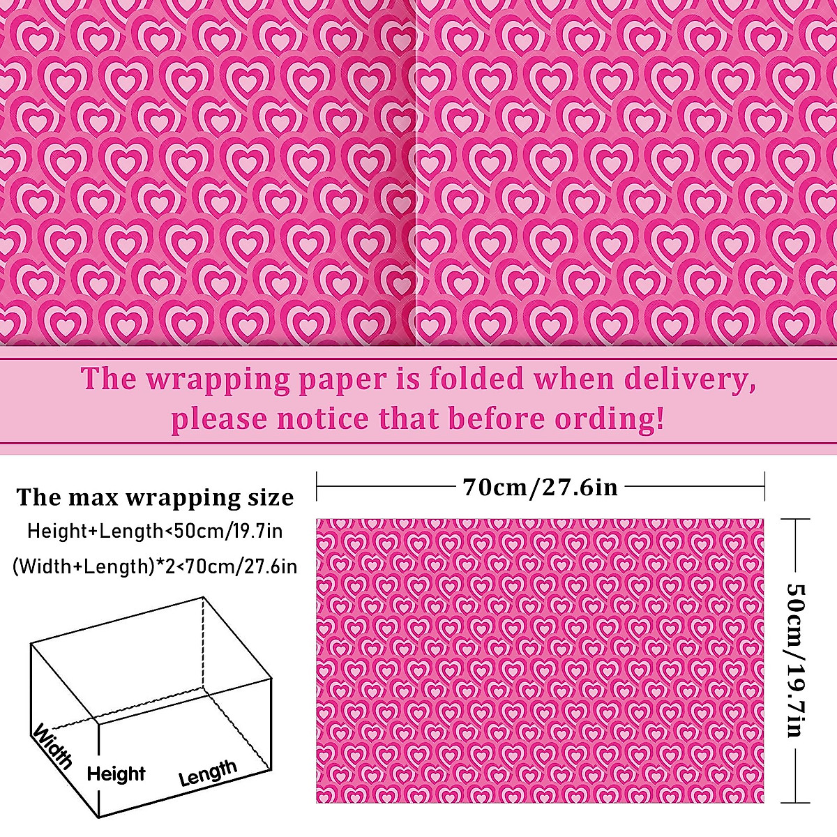Whaline 12 Sheets Pink Girls Princess Wrapping Paper 19.7 x 27.6 Inch Hot Pink Girls Hearts Sweet Style Wrapping Paper Assorted Pink Girl Gift Wrap Paper for Birthday Baby Shower Wedding Party