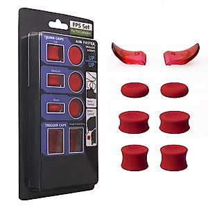 PS4 FPS Games Accessories Kit Anti Slip Silicon Analog Stick Thumb Grips Set with Trigger Extensions for PlayStation 4 / Slim/Pro Controller (Red)