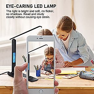 LEDFit LED Desk Lamp with Wireless Charger, Eye-Caring Bedside Lamps with LCD Screen, USB Charging Port, Touch Control, Adjustable Table Lamp with Clock, Date, Temperature for Home Office,Black