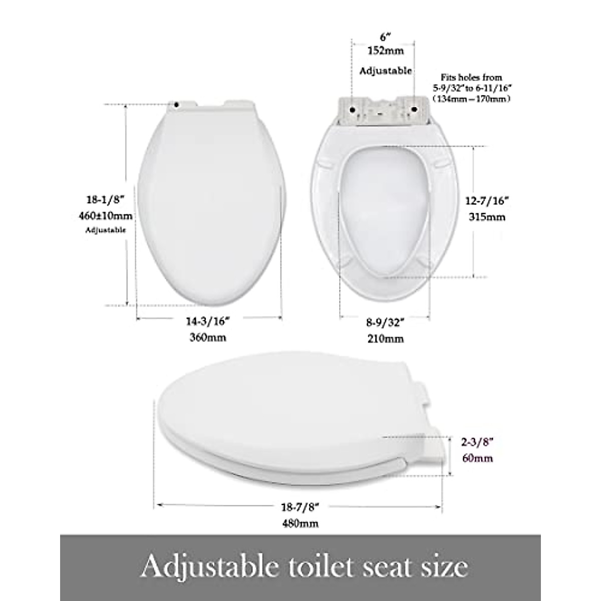 Toilet Seat Elongated, Toilet Cover, Quiet and Soft Close, Easy to Install and Remove, Ergonomic Design,Polypropylene(Plastic), White, for Elongated Oval Toilets (Long Hinge Frame)