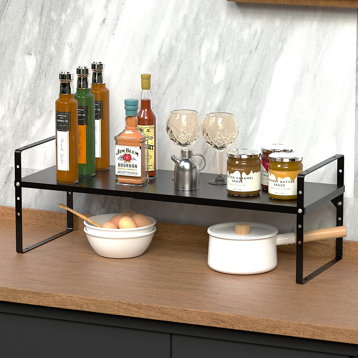 ARCCI Expandable Cabinet Shelf Organizers 2 Pack, Stackable Metal Pantry Storage Shelves Rack, Adjustable Kitchen Counter Shelf for Cabinets, Countertop, Cupboard Organizers and Storage, Black