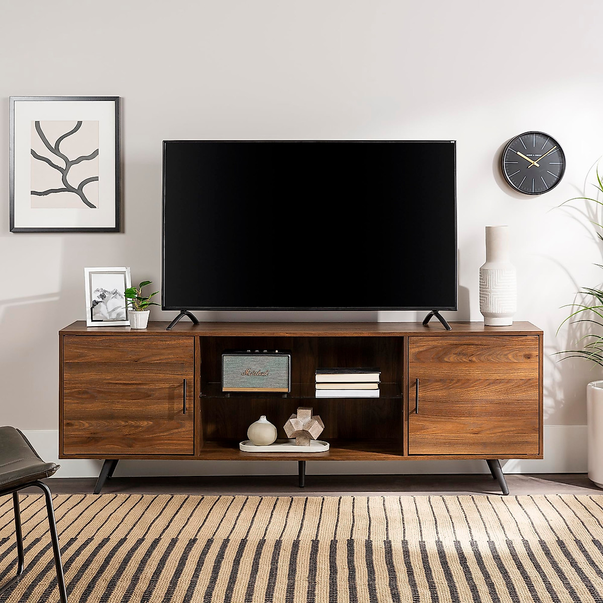 Walker Edison Saxon Mid Century Modern 2 Door Glass Shelf TV Stand for TVs up to 80 Inches, 70 Inch, Dark Walnut
