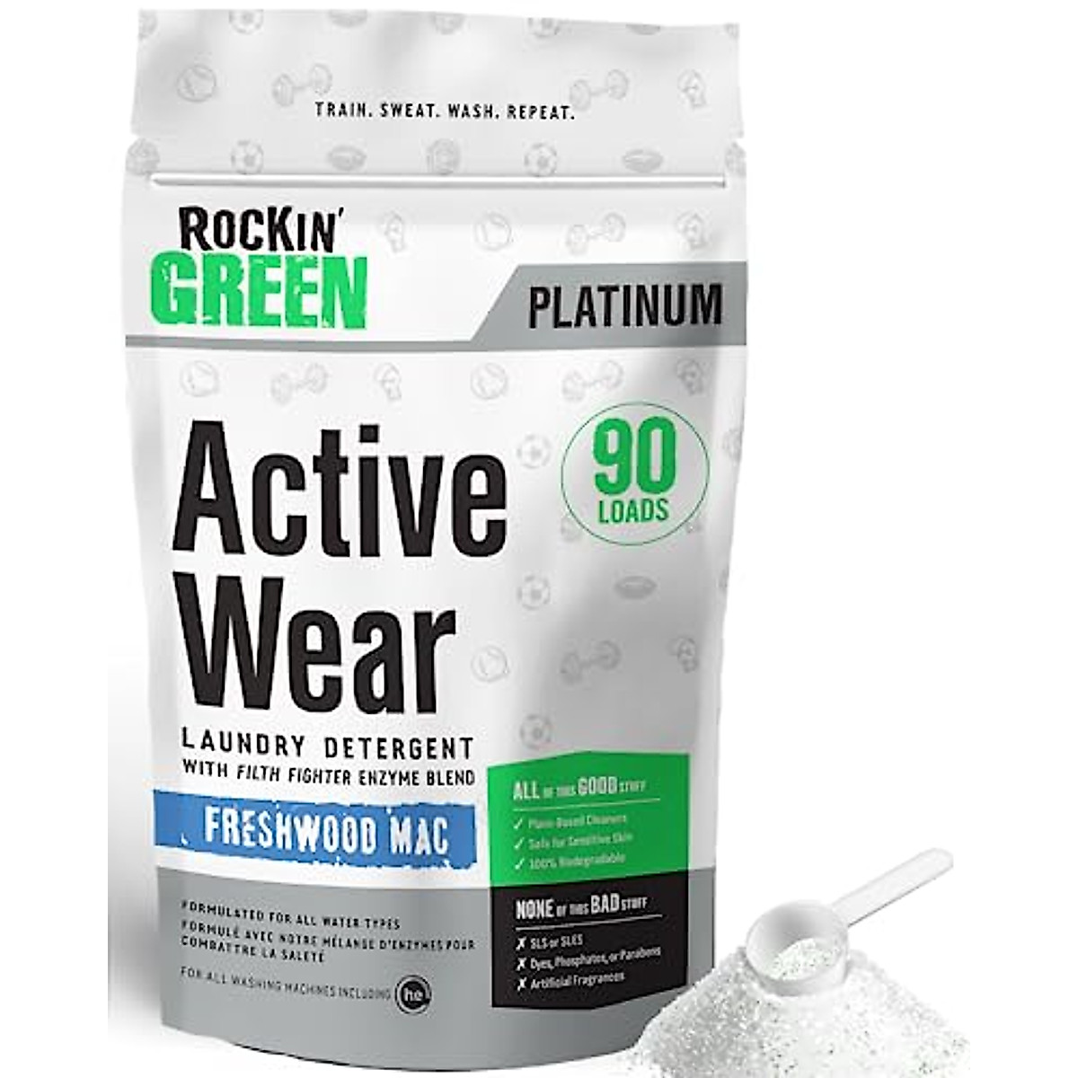 Rockin' Green Laundry Detergent, Plant based, All Natural Laundry Detergent Powder, Vegan and Biodegradable Odor Fighter, Safe for Sensitive Skin (Active Wear 90 Loads - Freshwood Mac)