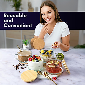 Scoozee Vintage Glass Coffee Mugs (4Pcs, 14oz), Overnight Oats Containers with Lids and Spoons, Clear Embossed Glass Cups | Coffee Bar Accessories, Gifts for Women, White Elephant Gifts