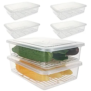 MUXHEL 6 Pcs Food Storage Container for Fridge, X-Large Fruit Storage Containers for Fridge with Lid and Removable Drain Plate, Plastic Freezer Storage Containers for Storing Fruits, Vegetables, Meat