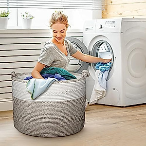 AivaToba 24" x 18" Cotton Rope Basket, Extra Large Basket with Handles for Blanket, Blanket Basket for Living Room, Large Storage Basket, Toy Baskets, Jumbo Woven Basket for Storage