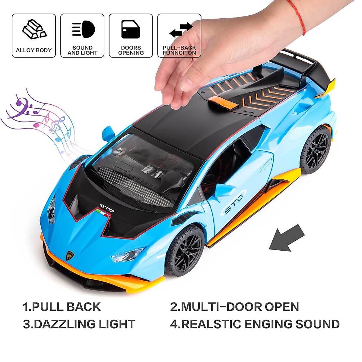 WAKAKAC Model Car 1/24 Scale Compatible for Lambo Huracan STO Die-cast Toy Vehicle Pull Back with Light and Sound Toy Car Door Can be Open (Blue)
