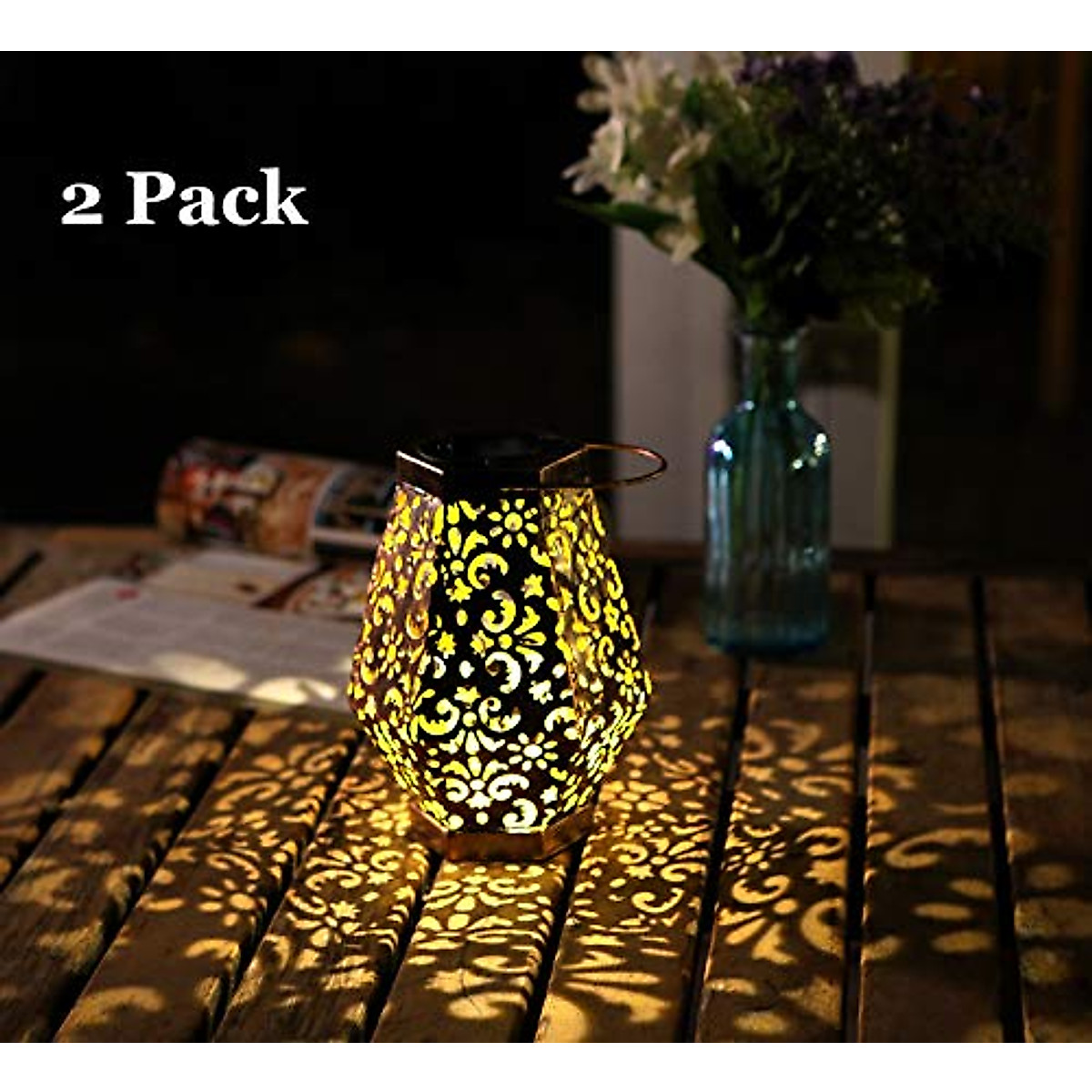 WSgift 2 Pack Hanging Solar Lantern Metal LED Table Lamp Outdoor Solar Hollow-Out Lights with Handle, 6 lumens, 5.5 x 5.5 x 7.5 Inch, Antique Bronze