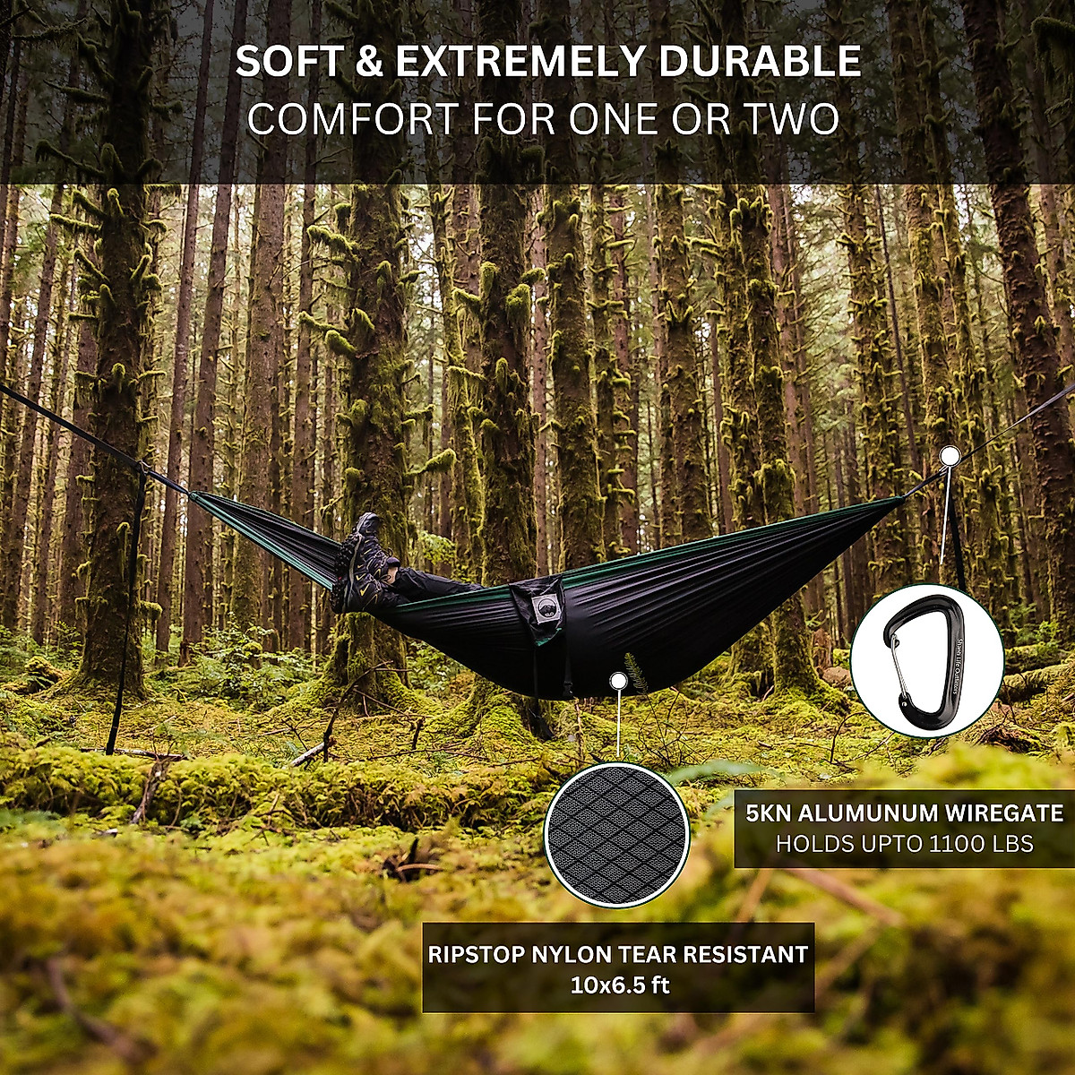 Camping Hammock with Bug Net and Rain Fly – Durable Ripstop Nylon Construction with 12’ Tree Straps, 5kn Carabiners, Tent Stakes and Waterproof Carry Bag
