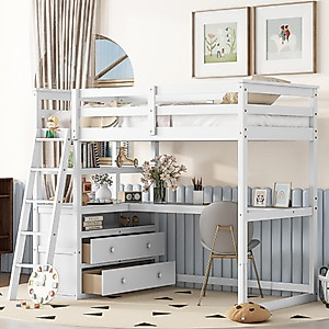 MERITLINE Twin Loft Bed with Desk and Storage, Wooden Loft Bed Twin with Shelves and Two Built-in Drawers for Kids Teens Boys Girls,No Box Spring Needed,White