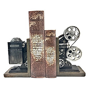 Bellaa 20904 Vintage Camera Bookends Film Movie Projector Book Shelves Cottage Farmhouse Antiques Home Decor Black and Silver 8 Inch