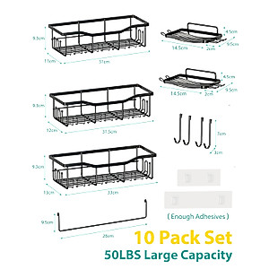 plainshe 10 Packs Shower Caddy, Shower Organizer with 3 Shower Shelves, 2 Soap Dishes & Towel Rack, Stainless Steel Wall Rack Basket with Adhesives Mounted for Bathroom & Kitchen (Black/N-Type)