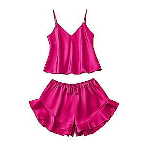 SOLY HUX Women's Sexy Silk Satin Ruffled Pajamas Sets Cami Shorts Sets Sleepwear HotPink S