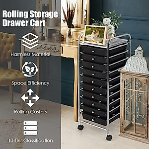 GOFLAME Rolling Drawer Cart with 10 Drawers, Utility Storage Organizer Cart with Wheels and Metal Frame, Art Cart for Office, School, Home, Black