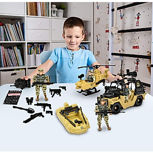 US Army Men Action Figure Toy Playset for Boys Desert Forces and Rescue Team Military Vehicle, Rescue Boat and Helicopter 4 Military Men Action Figures with Weapon Accessories and Top Secret Notepad