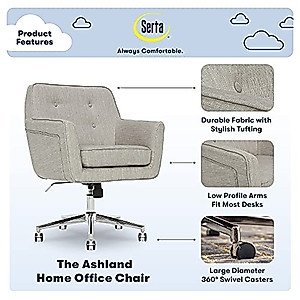 Serta Ashland Ergonomic Home Office Chair with Memory Foam Cushioning Chrome-Finished Stainless Steel Base, 360-Degree Mobility, Light Gray Fabric