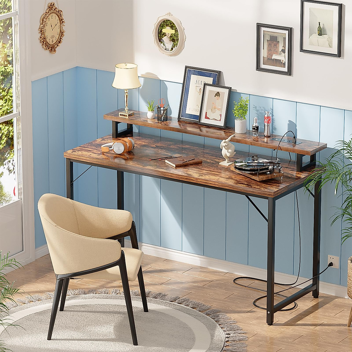 iSunirm 47 inch Computer Desk with Power Outlets, Gaming desk with LED Lights, Home Office Work Desk with Monitor Shelf, Modern Office Desk Study Writing Table for Small Spaces, Rustic Brown