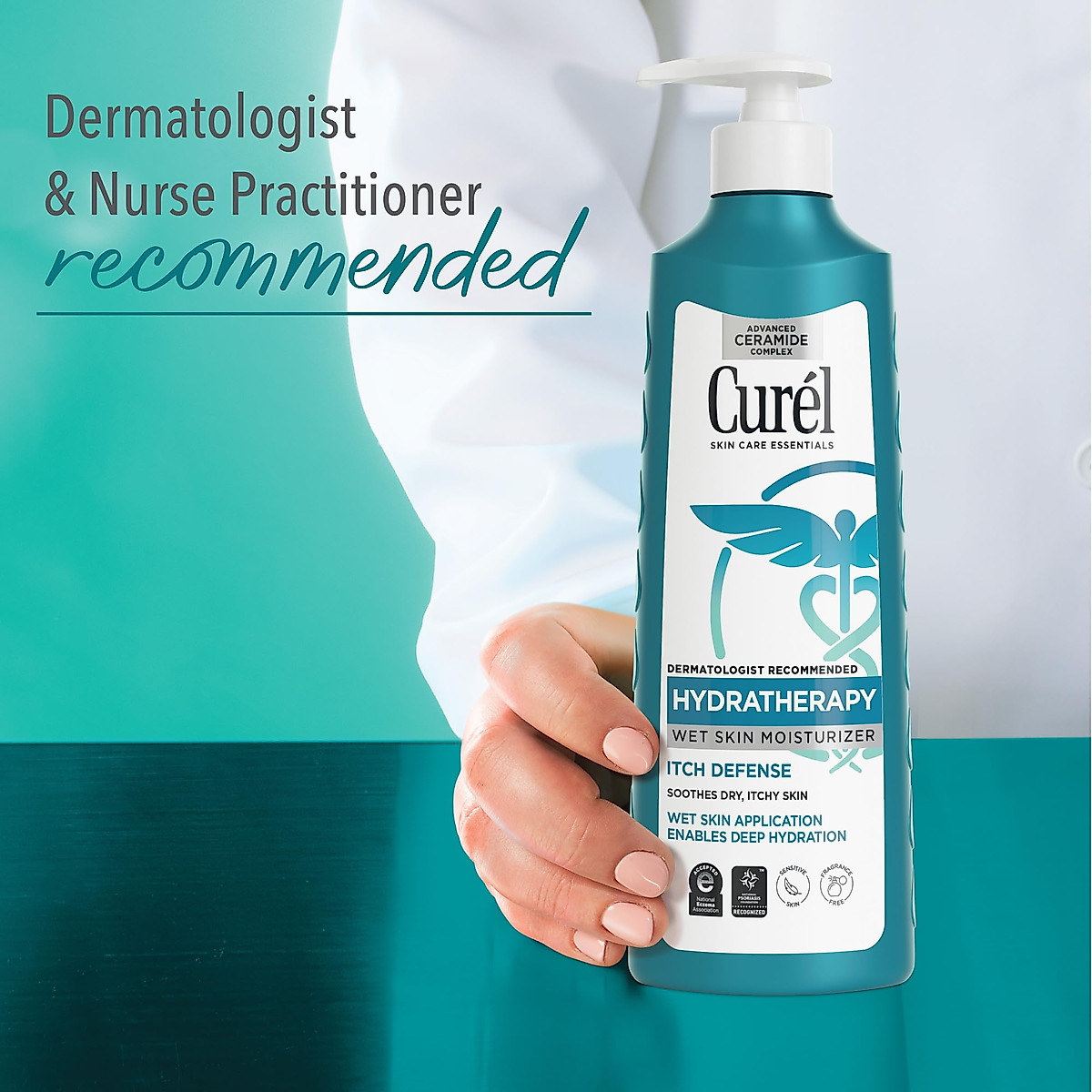 Curel Hydra Therapy, Itch Defense Moisturizer, Wet Skin Lotion, 12 Ounce, with Advanced Ceramide Complex, Vitamin E, & Oatmeal Extract, Helps to Repair Moisture Barrier