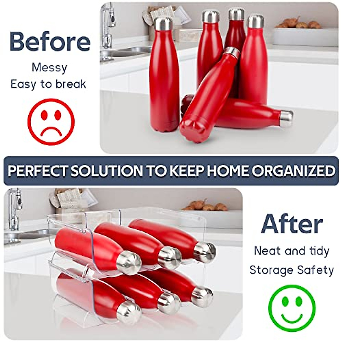 GELBEKUH 4 Pack Water Bottle Storage Stackable Water Bottle Organizer Water Bottle Rack, Soda pop, Sports Drinks, Wine, Bottle Holder for Kitchen, Cabinet, Countertop, Fridge (Clear)