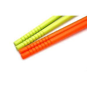 Silicone Cooking Chopsticks with Spoon and Band | 12in (30.5cm) | Stainless Steel Reinforced | Safe Frying, Hot Pot | Made in Korea (Red)