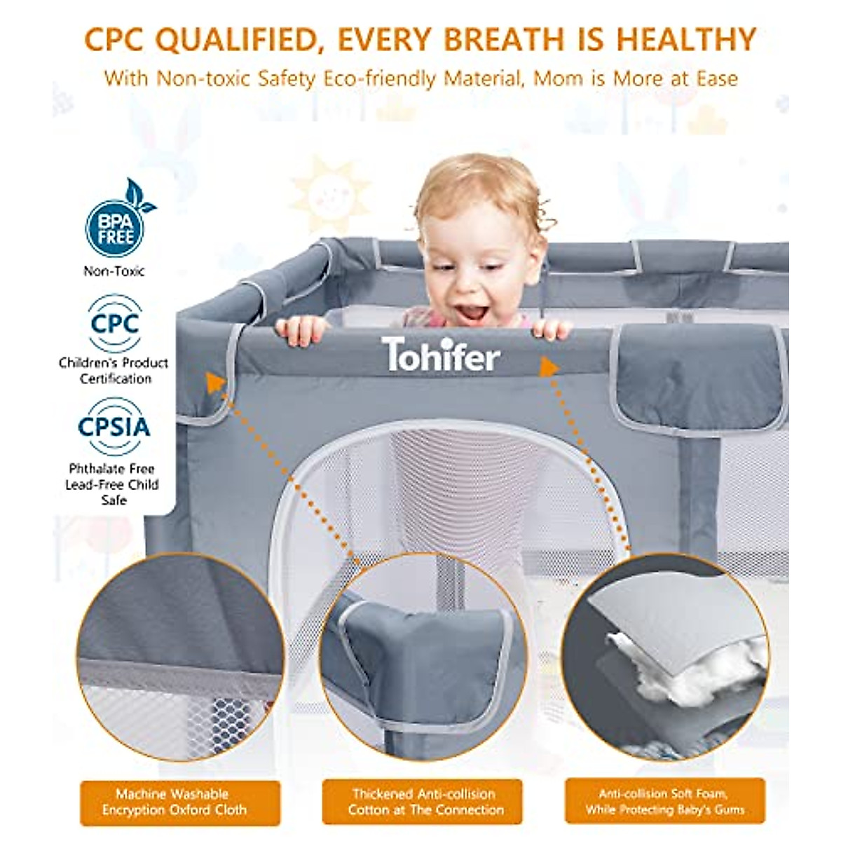 Baby Playpen with Mat, Large Baby Playard for Toddler, BPA-Free, Non-Toxic, Safe No Gaps Play Yard for Babies, Indoor & Outdoor Kids Activity Center 47"x47"x26.5" with 0.4" Foldable Playmat