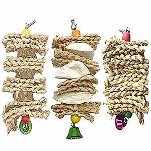 Parrot Toys Chewing Bird Toy Cuttle Bone Beak Grinding Cage Hanging Bell Toys for African Greys Amazon Conure Eclectus Budgies Parakeet Cockatiel Hamster Chinchilla Rabbit, 3 Pack