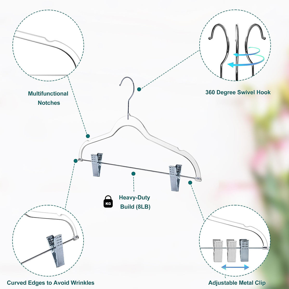 Quality Clear Kids Pants Hangers with Clips 20 Pack | Heavy Duty Skirt Hangers with Swivel Hook and Notches | Space Saving Kids Clip Hangers for Pants | 13.7 Inch (20, Clear)