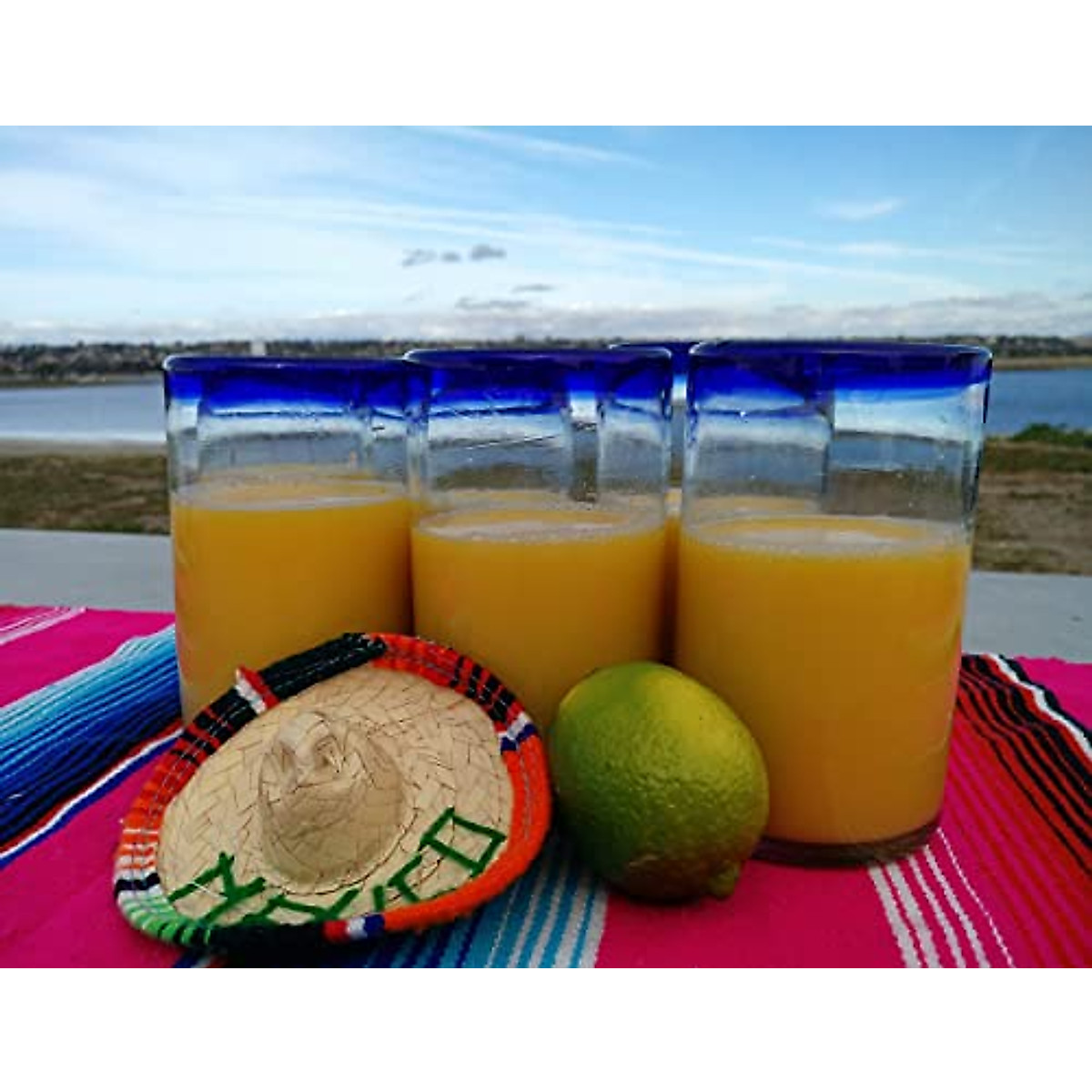 Hand Blown Mexican Drinking Glasses - Set of 6 Glasses with Cobalt Blue Rims (14 oz each)