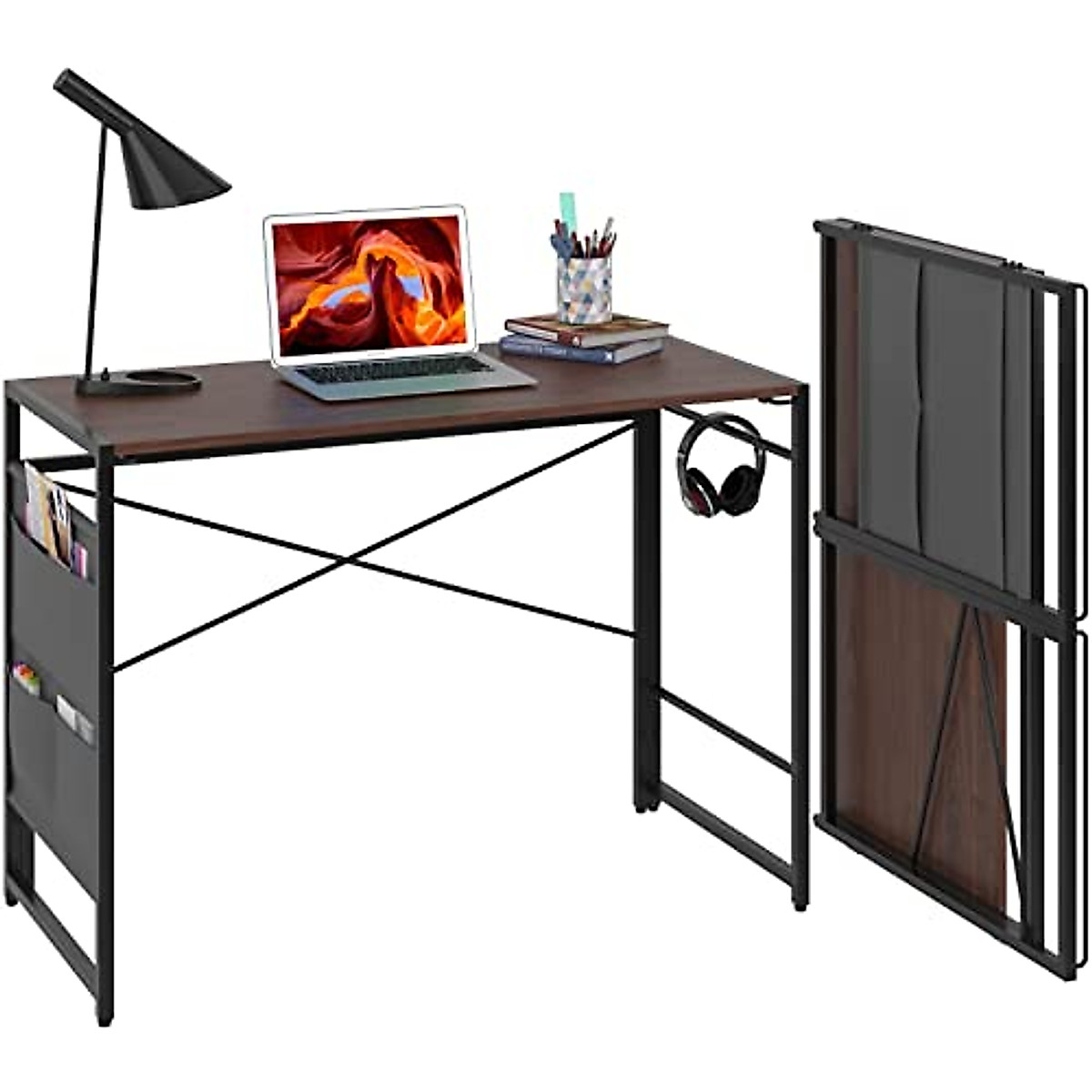YOMT Foldable Desks for Small Spaces,Small Folding Writing Computer Desk Table with Storage Bag,Portable desks for Home Office,Brown