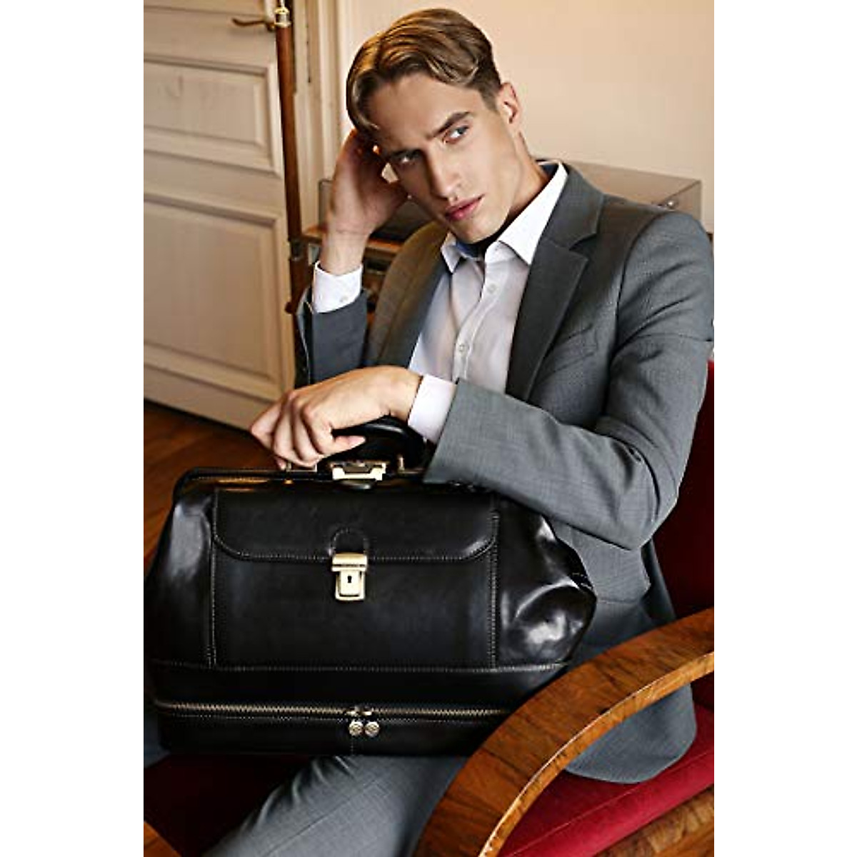 Time Resistance Leather Medical Doctor Bag Vintage Style Medium Satchel Black