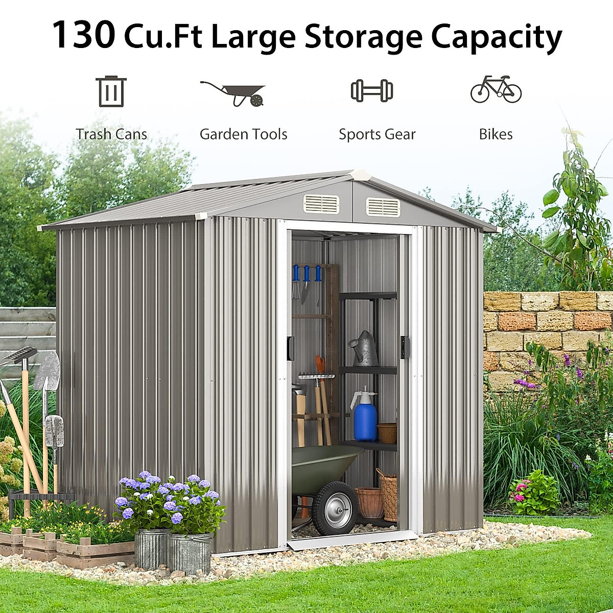 HAPPYGRILL 6' x 4' Outdoor Metal Storage Shed, Galvanized Steel Shed with Tilted Roof, Lockable Sliding Doors & 4 Air Vents, Utility Shed for Backyard Garden Patio Lawn