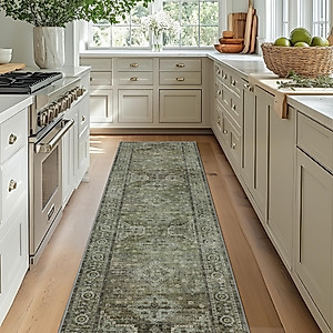 BEIMO Runner Rug 2x5 for Hallway Living Room Bedroom, Machine Washable Rug, Print Vintage Tribal Aesthetic Carpet, Low Pile Mat with Non Slip Rubber Backing, Distressed Sage