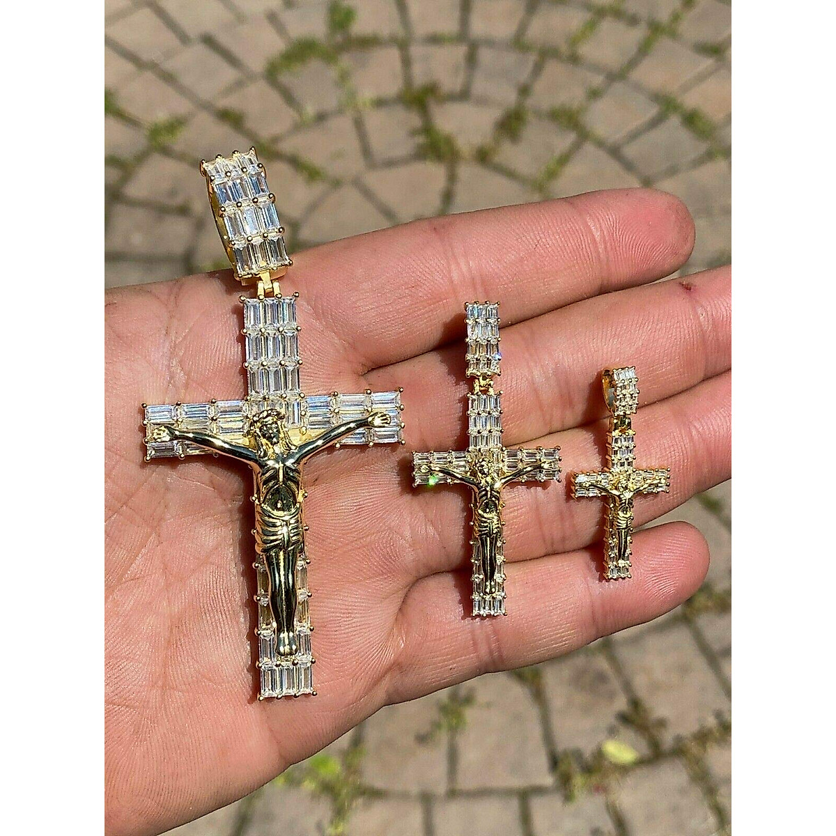 HarlemBling Real 925 Sterling Silver - 14k Gold Finish - Iced Baguette Cross W. Jesus Pendant - 3 Sizes Great For Any Necklace 1-2.5" (Medium 1.5")