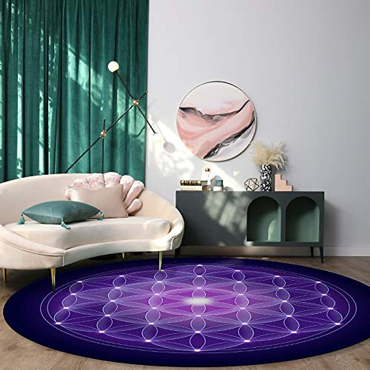 AmbeHome Round Area Rugs Baby Cushion 6 ft, Modern Carpet Floor Cover Nursey Rugs for Kids Play Room/Living Room, Flower of Life with Stars Sacred Geometry Ancient Print, Sturdy Soft Kitchen Mat Rugs