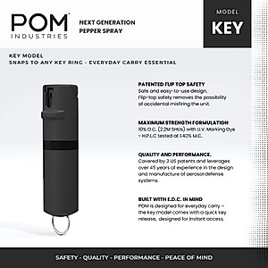 POM Pepper Spray Black Flip Top Keychain - Maximum Strength OC Spray Self Defense - Tactical Compact & Safe Design - Quick Key Release - 25 Bursts & 10 ft Range - Accurate Stream Pattern