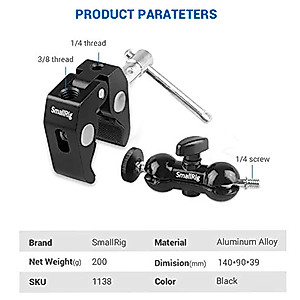 SMALLRIG Super Camera Clamp Mount, Double Ball Head Adapter, Fence Desk Table Mount for Ronin-M/Insta360/Gopro, Ball Head - 1138