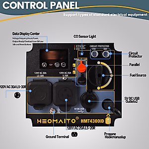 HEOMAITO Dual Fuel Portable Inverter Generator 4300W Gas & Propane Powered, Ultra Quiet Lightweight with CO Sensor Digital Dispaly Parallel Capability EPA Compliant for Camping RV Backup Home Use