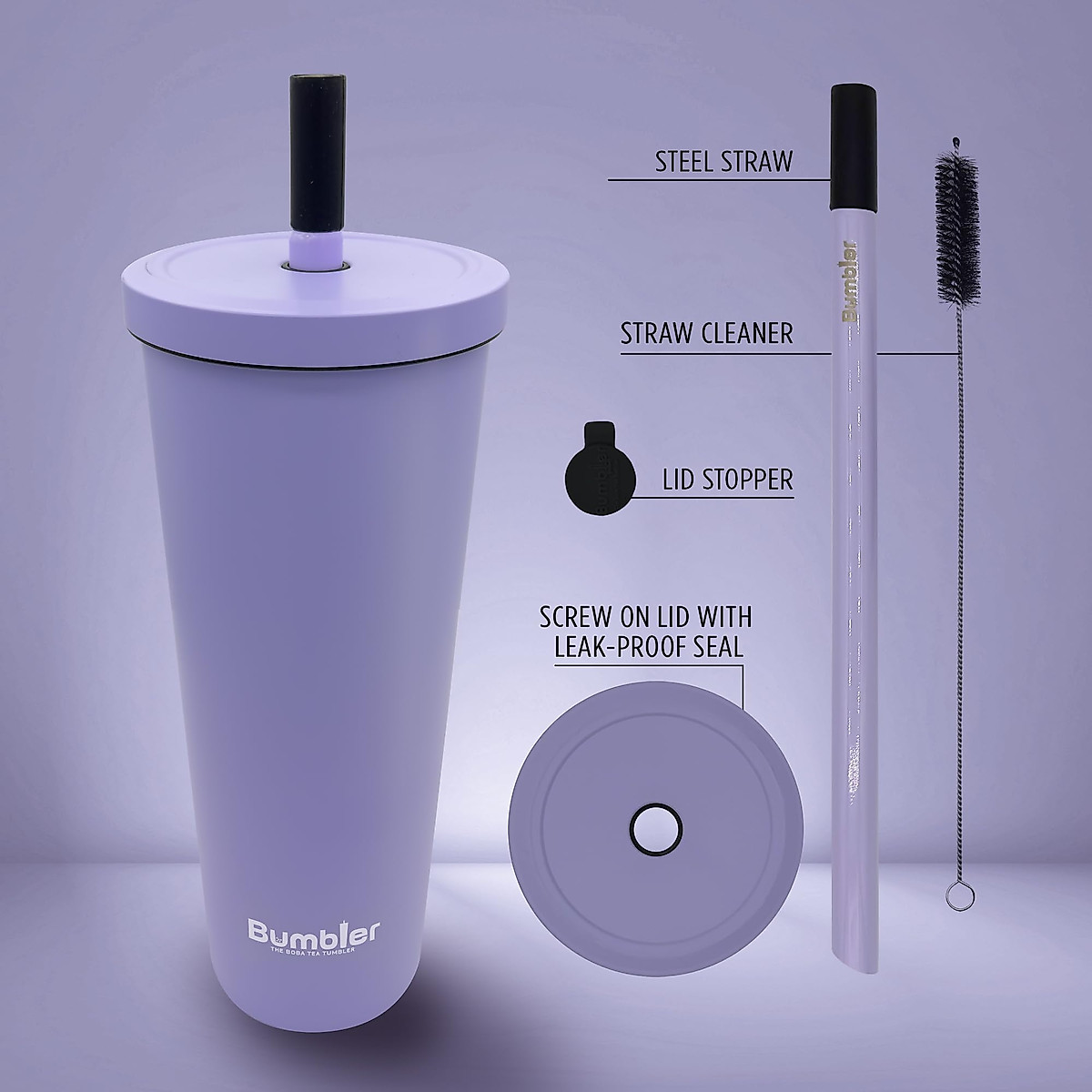 Stainless Steel Bubble Tea Cup - Bumbler 24oz Large Reusable Eco-Friendly Tumbler with Wide Soft Tip Metal Straw, Leak-Proof Lid - for Boba, Smoothies, Iced Coffee, Hot or Cold Drinks - Lavender