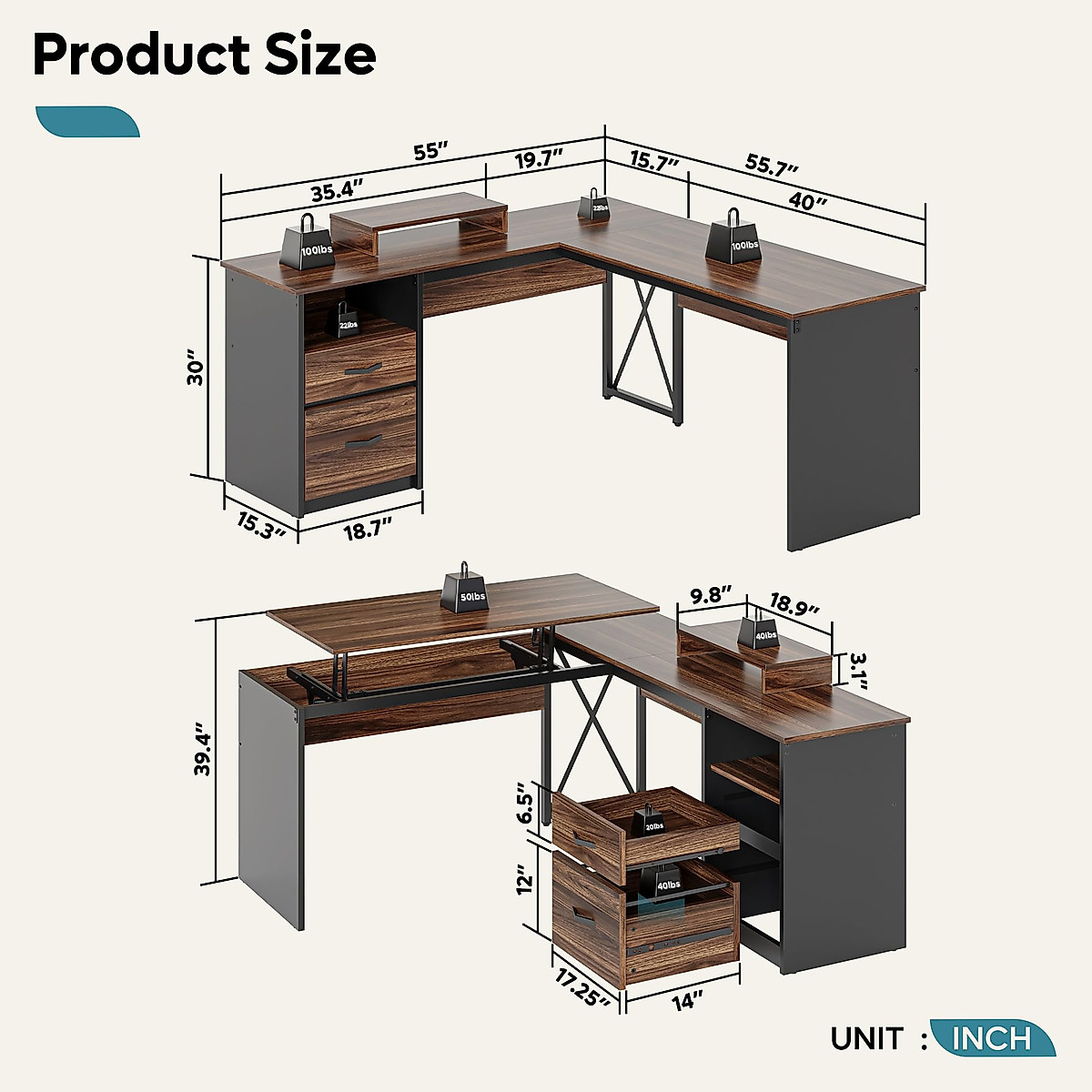 Bestier Lift Top L Shaped Desk with File Drawer, 55'' x 55'' Office Desk with Reversible Storage Drawers, L Shaped Standing Desk with Computer Monitor Stand (Walnut, 55'' x 55'')