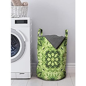 Ambesonne Tie Dye Laundry Bag, Floral Shapes Mandala Completeness Universe Illustration, Hamper Basket with Handle Drawstring Closure for Laundromats, 13" x 19", Fern Green Pastel Yellow