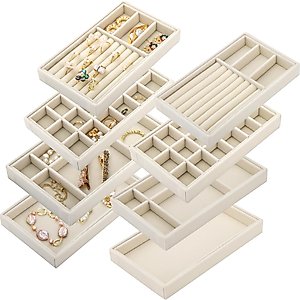 Elsjoy Set of 8 Velvet Jewelry Tray, Drawer Insert Divided Storage Holder Stackable Jewelry Organizer, Necklace Bracelet Display Tray for Earring, Ring, Brooch, Watch, 8.3"x5"x1" Beige 4 Styles