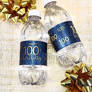 Navy Blue and Gold Happy 100th Birthday Party Water Bottle Labels - Waterproof Stickers - 24 Count