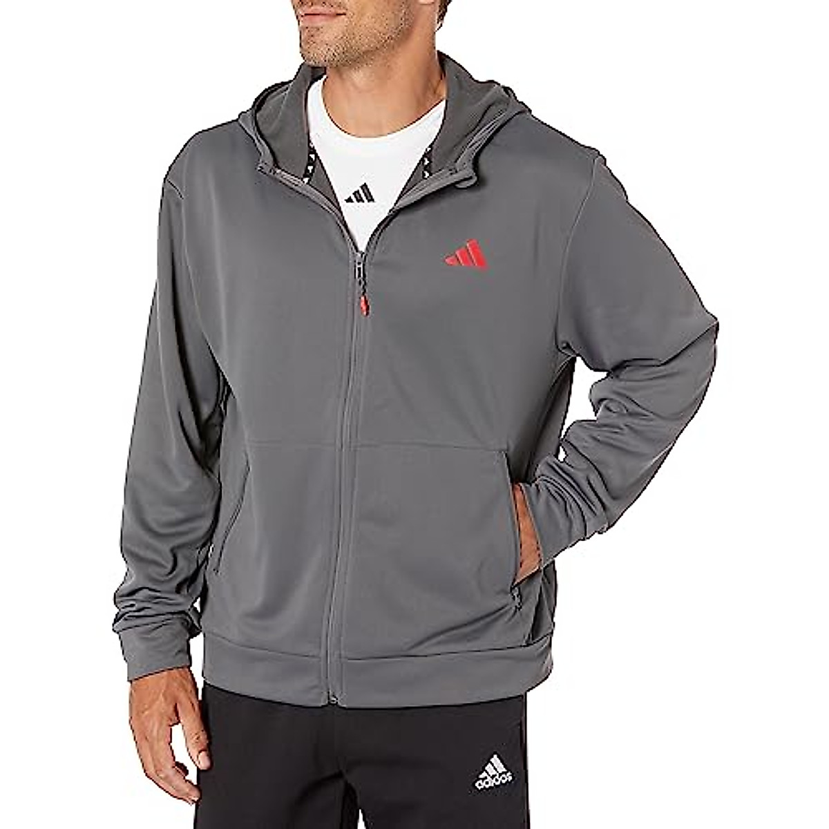 adidas Men's Training Essentials Seasonal Woven Full-Zip Jacket, Grey/Better Scarlet, Large