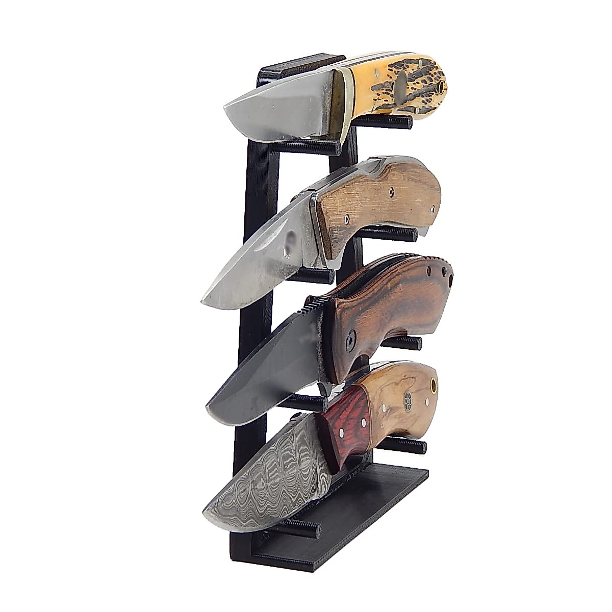 Black Knife Display Stand Rack Holder Organizer For 4 Medium To Large Pocket Or Fixed Blade Knives - Holds Four Blades - Wall Mount Or Sit On Flat Surface