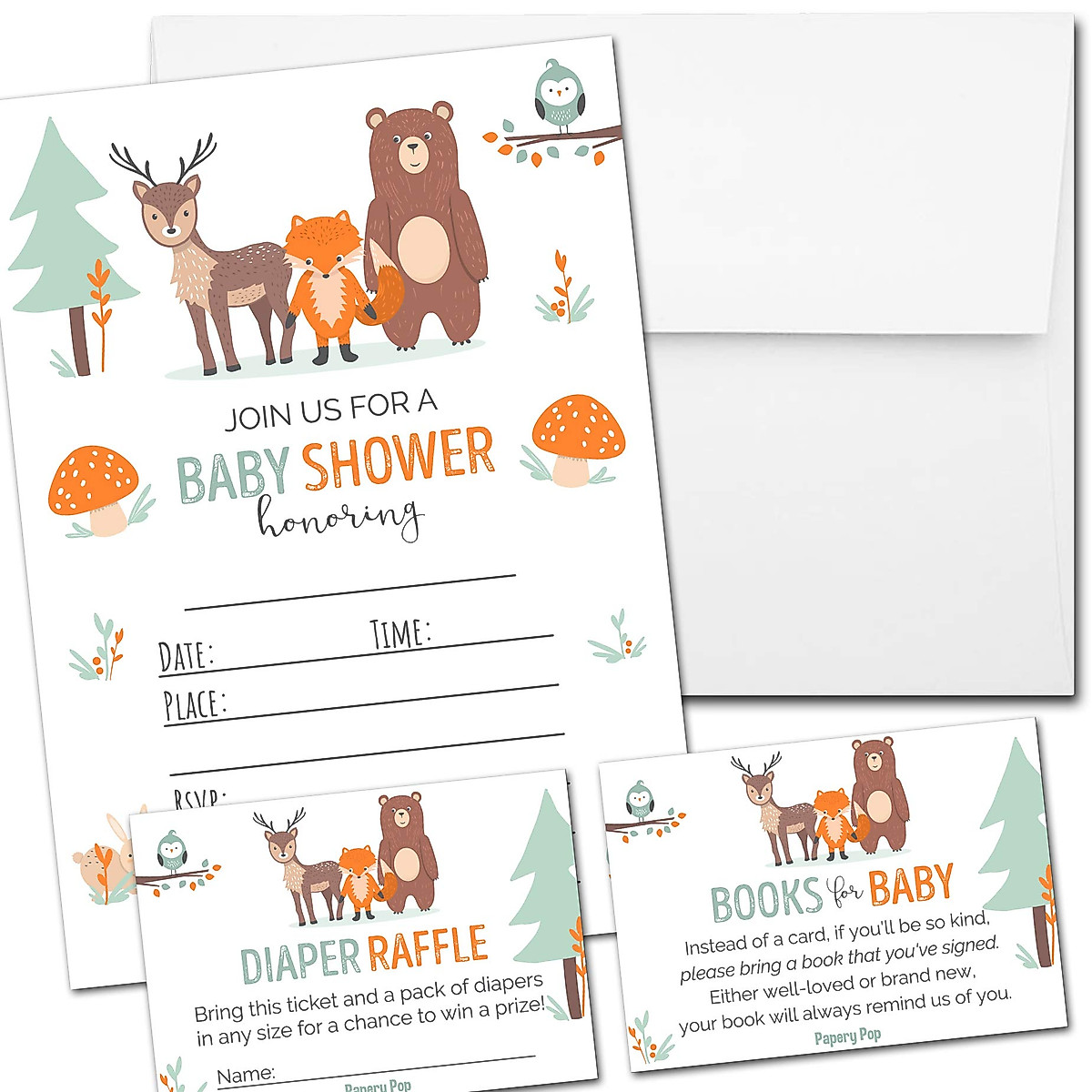 Set of 25 Baby Shower Invitations for Boy or Girl with Envelopes, Diaper Raffle Tickets and Baby Shower Book Request Cards - Gender Neutral Woodland Animals
