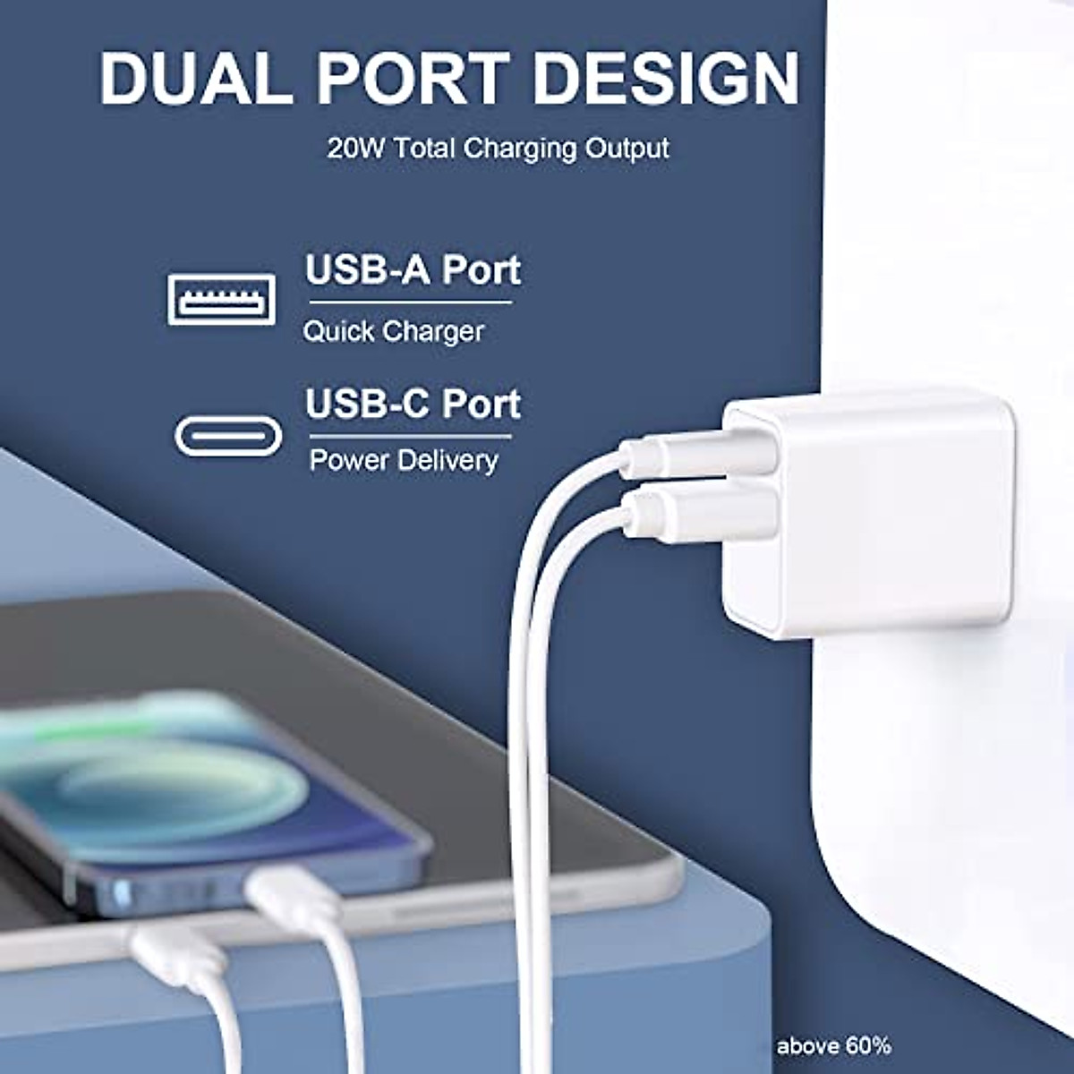 [Apple MFi Certified] iPhone Fast Charger,2Pack 20W Dual Port PD3.0 USB-C + USB-A Power Delivery Wall Charger Block Plug for iPhone 14/13/13Pro Max/12 Mini/12 Pro Max/11/XS/XR/X/8,iPad,AirPods Pro Max