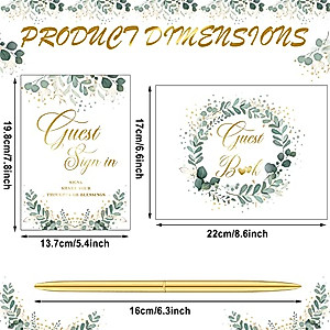 Wedding Guest Book Set Wedding Memory Book Lined Wedding Registry Guestbook with Gold Pen and Holder, Guest Sign in Table Card, Hard Cover with Gold Foil, for Baby Bridal Shower,7x9inch (Eucalyptus)