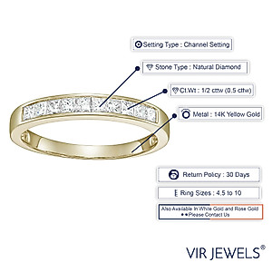 Vir Jewels 1/2 carat (ctw) Diamond Wedding Anniversary Band for Women, Half Eternity Princess Cut Square Diamond Engagement Ring 14K Yellow Gold Channel Set 0.50 cttw, Size 10