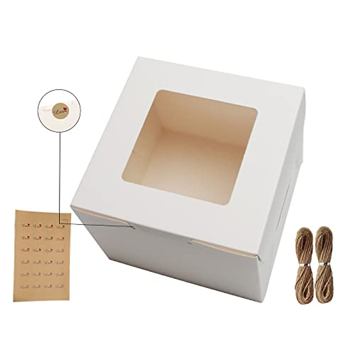 PQZKLDP 12Packs 6x6x5 Inches White Cake Boxes with Window, Gift Packing, Bakery Boxes, Dessert, Pastry, Cupcake, Pie Cookies, With Stickers,66 FT Twine (6 * 6 * 5 Inch, White)