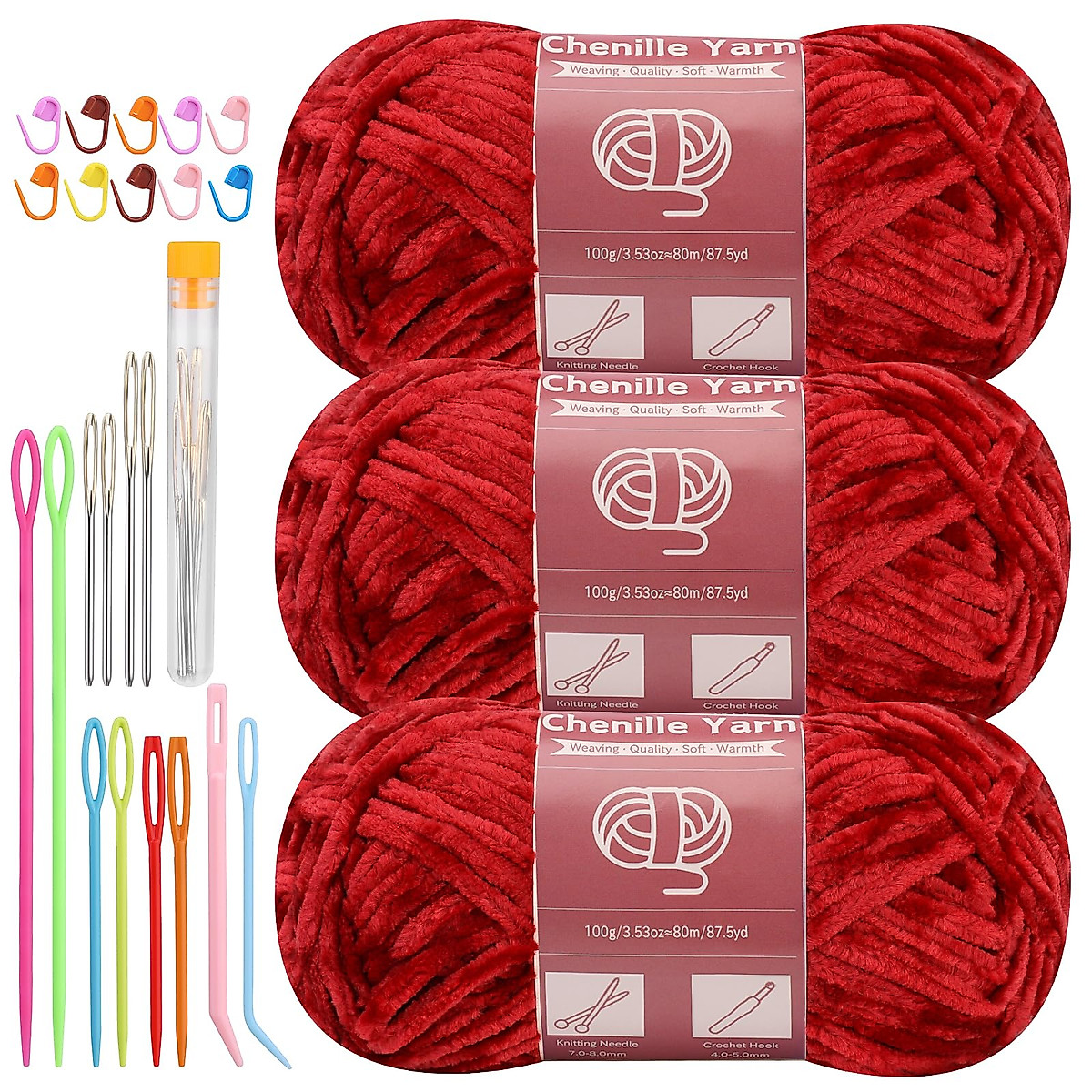 LUNARM Chenille Yarn for Crocheting Knitting, 3 Skein 263 Yard Thick Soft Chunky Fluffy Weaving Plush Yarn for Blankets Clothes Pattern Creations with Big Eye Needles (Dark Red)